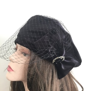Black Velvet Beret With a Bow- Funeral Veil Hat- Merry Widow Ceremony ...