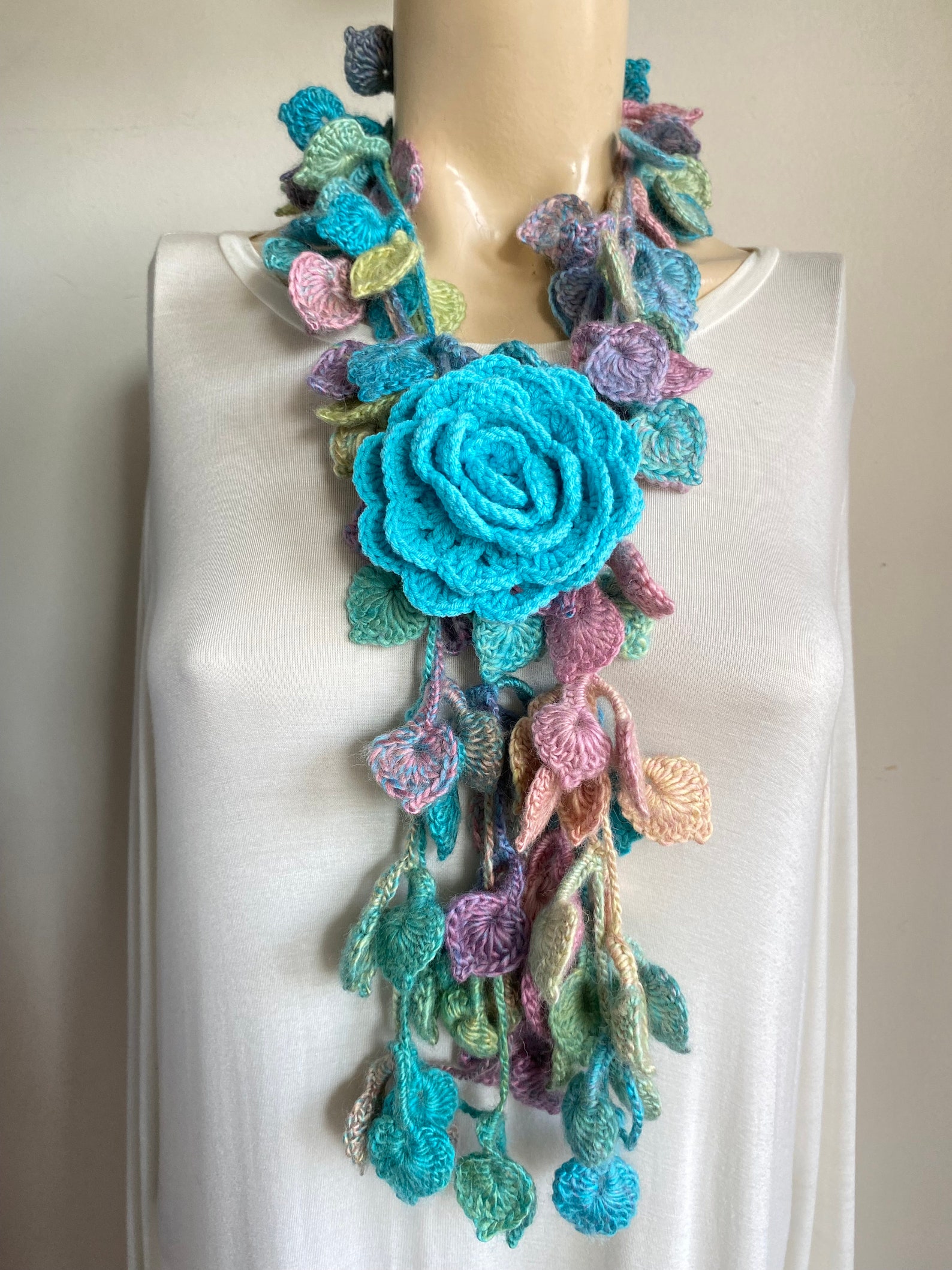 Rose Crochet Scarf-leaves Necklace Scarf-multicolor Lariat-shades of ...