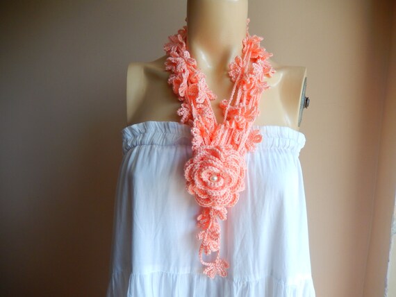 Salmon Crochet Scarf Lariat Scarf With Rose Pin-2 Pcs | Etsy