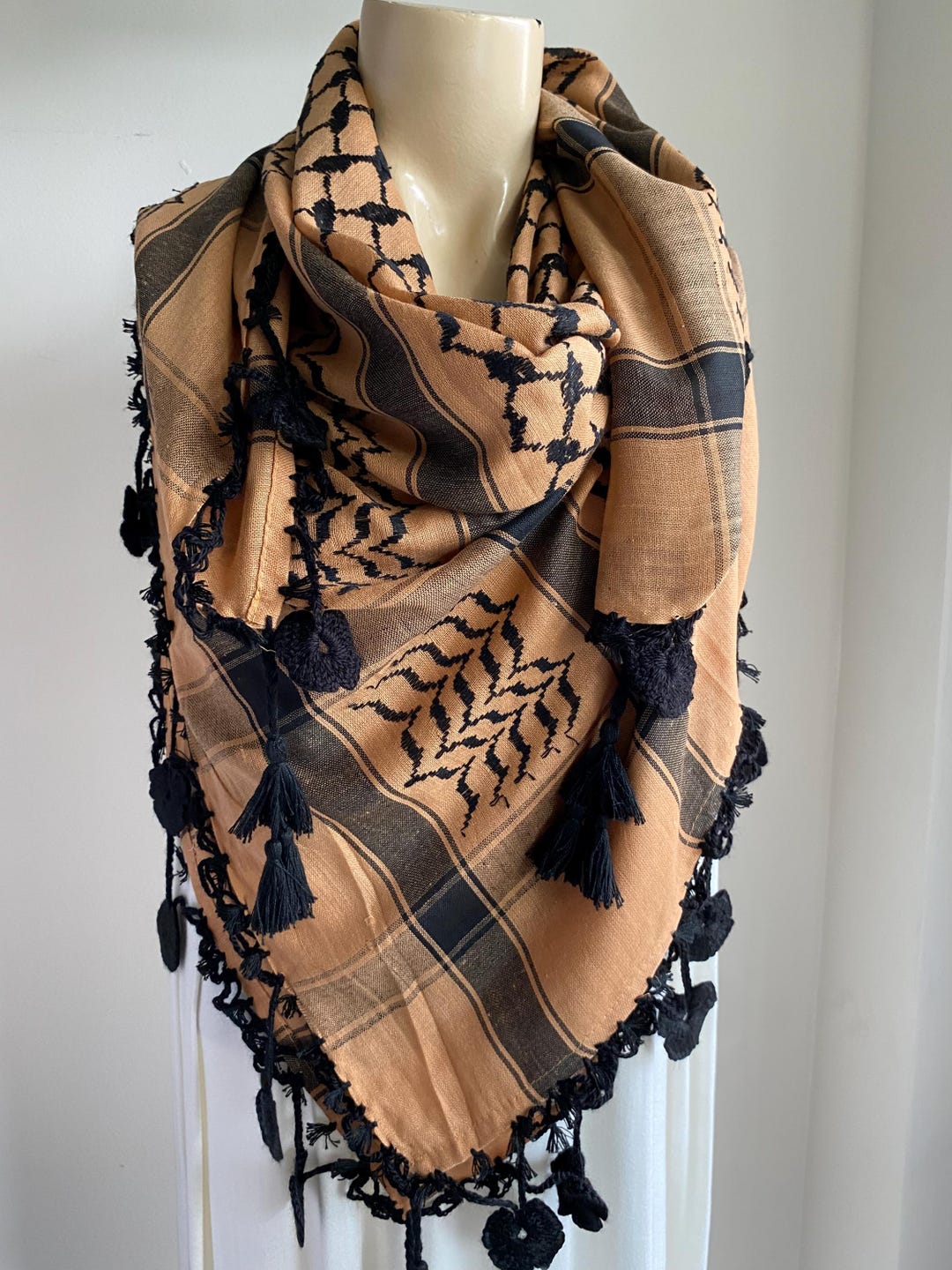Keffiyeh Scarf-salmon and Black Square Scarf With Hand Crochet Lace ...