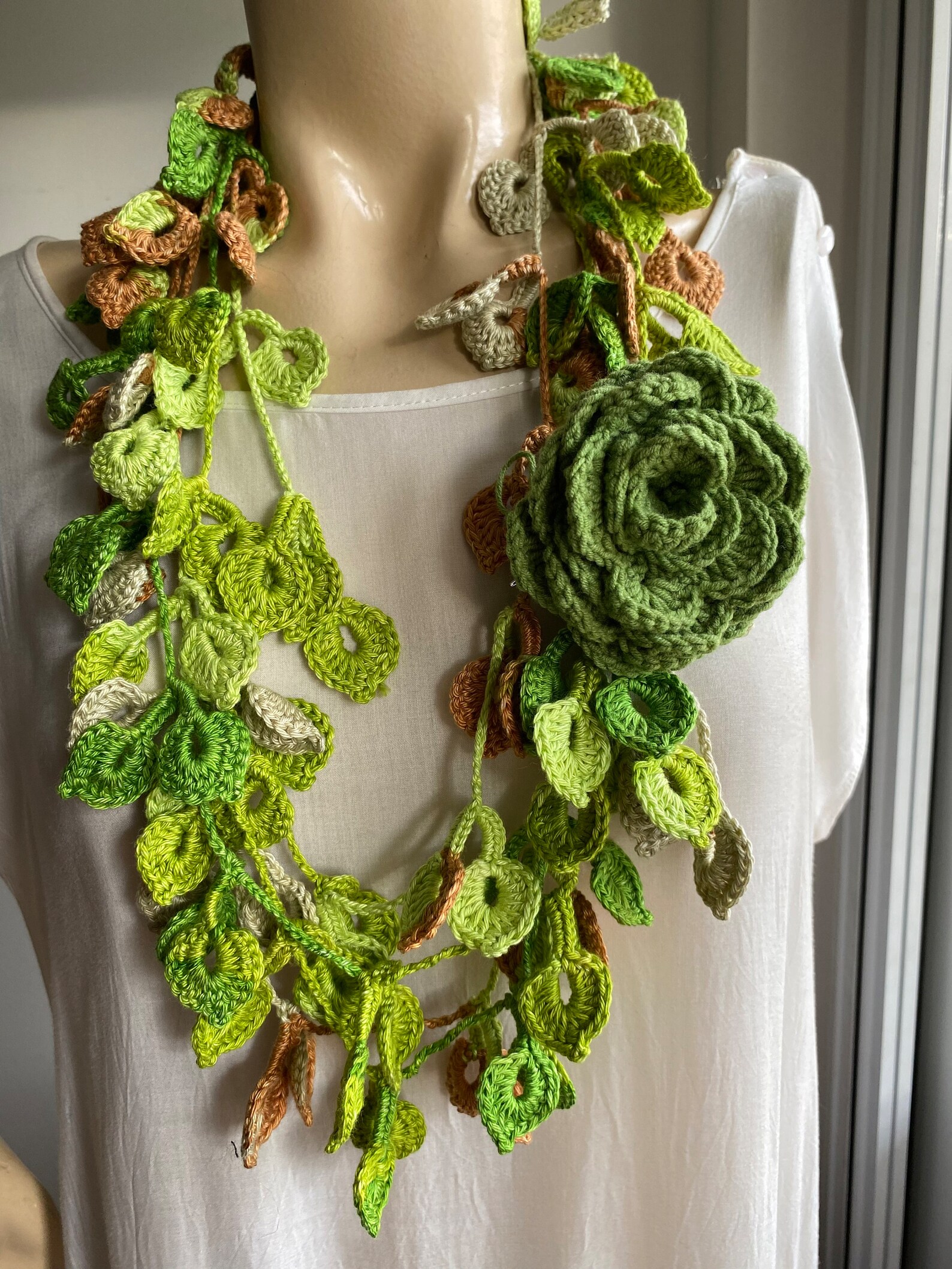 Green Crochet Scarf-leaves Necklace Scarf-multicolor Lariat Scarf ...