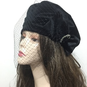 Black Velvet Beret With a Bow- Funeral Veil Hat- Merry Widow Ceremony ...
