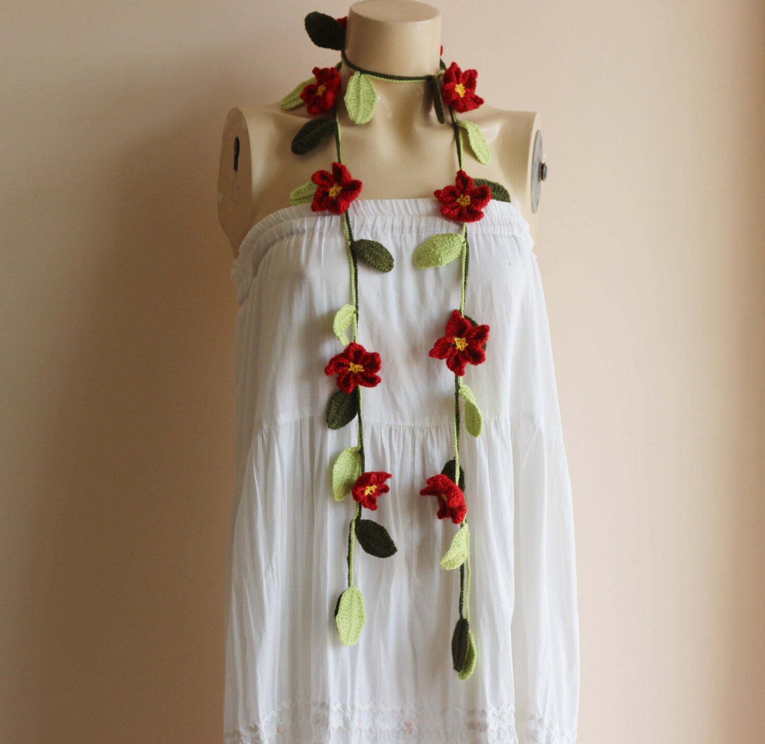 Red Lariat Scarf-crochet Scarf-flower Scarf With Leaves | Etsy