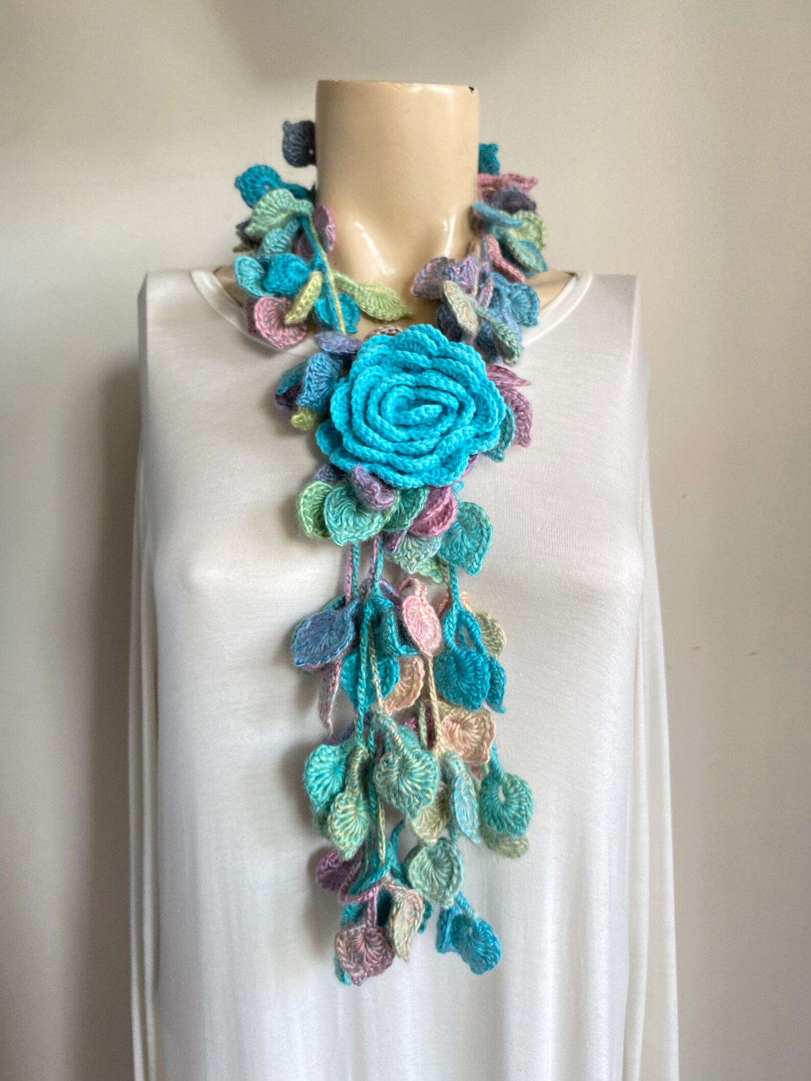 Rose Crochet Scarf-leaves Necklace Scarf-multicolor Lariat-shades of ...