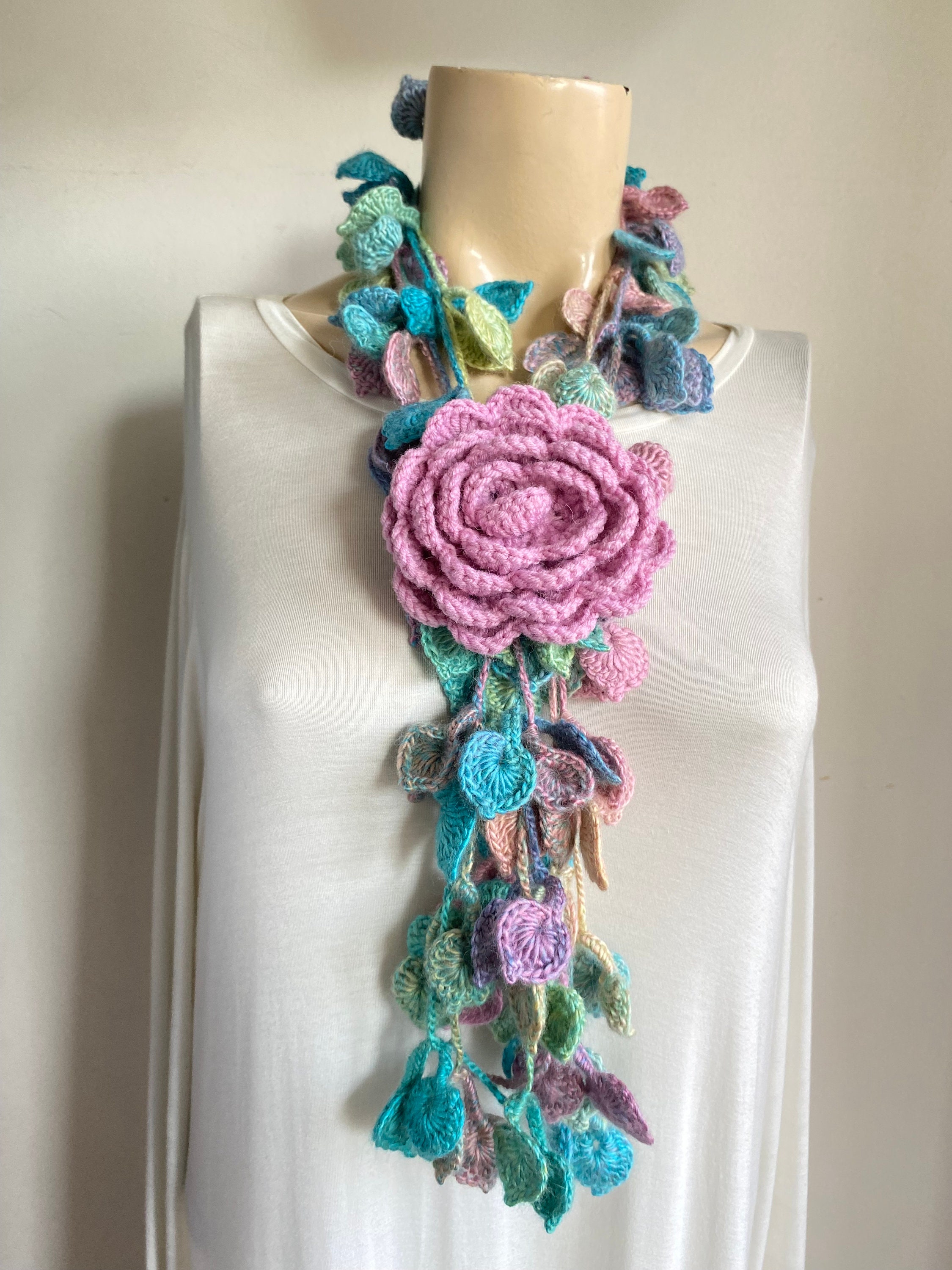 Rose Crochet Scarf-leaves Necklace Scarf-multicolor Lariat-shades of ...