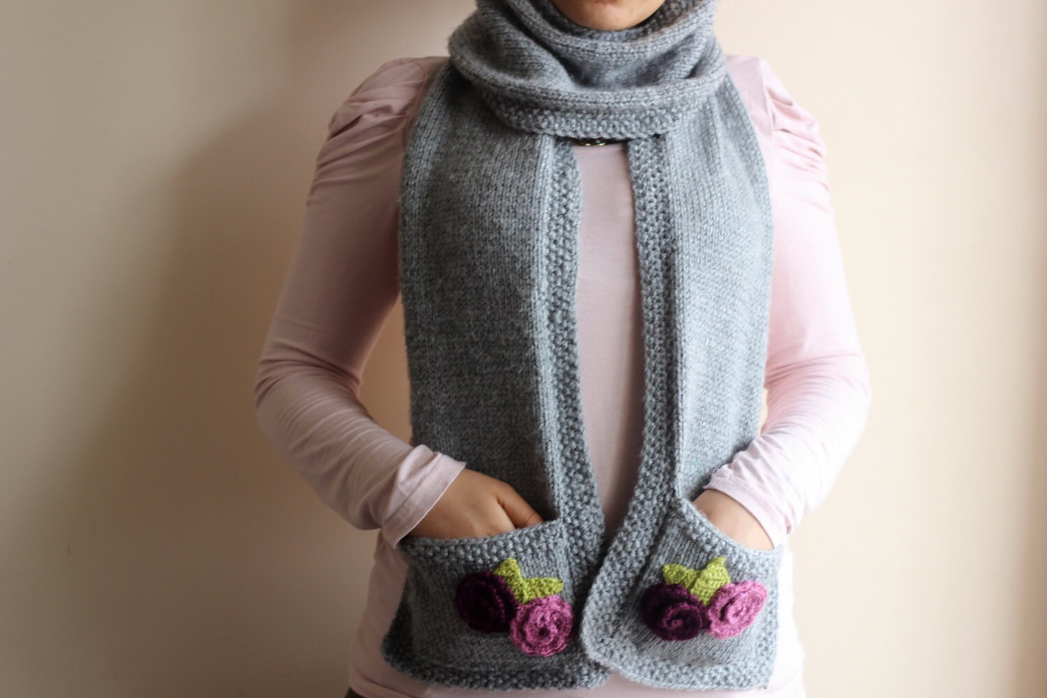 Grey Hand Knitted Long Scarf with Pockets-Marbled Gray Scarf | Etsy