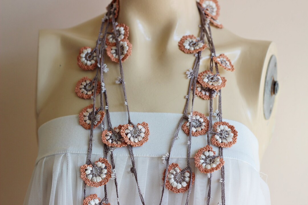 Crochet Necklace-salmon Necklace-crochet Beaded Necklace-turkish Oya ...