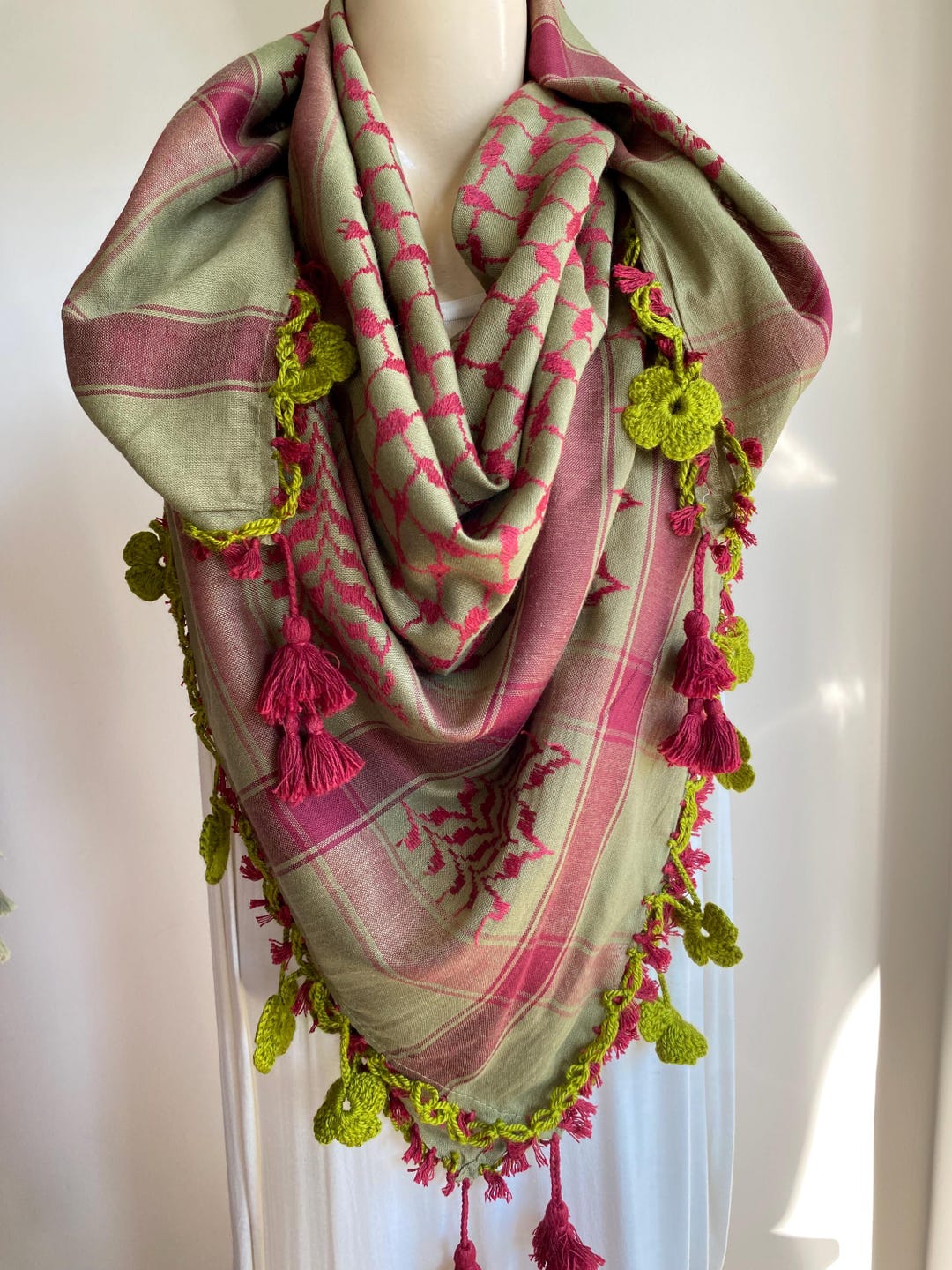 Keffiyeh Scarf - Green and Burgundy Square Scarf With Hand Crochet Lace ...