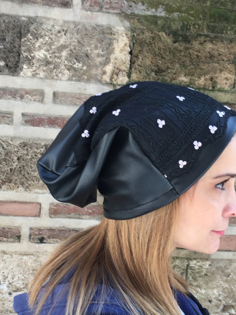 Leather beanie hat Fall skull cap black slouchy beanie | Etsy