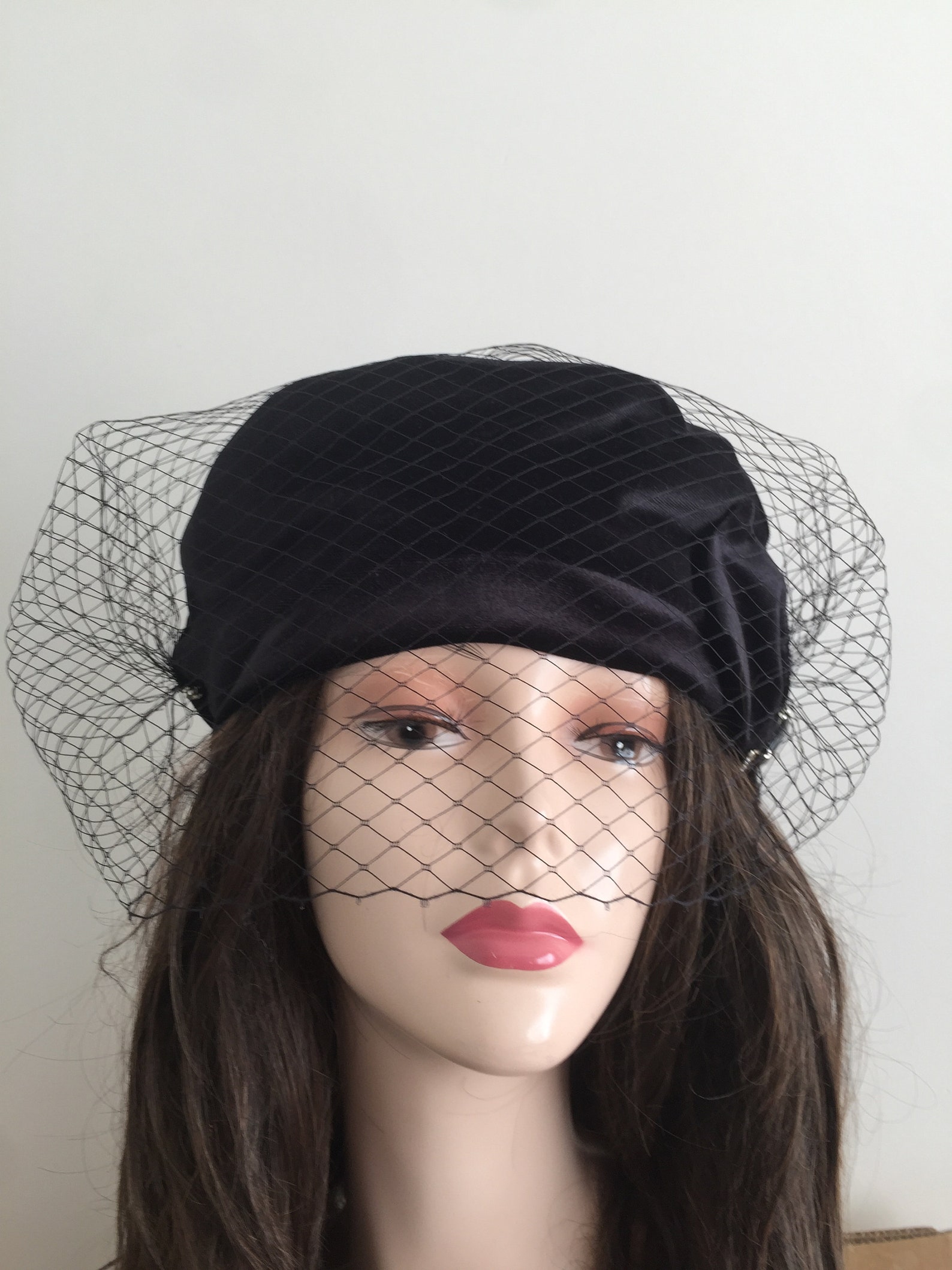 Black Velvet Beret With a Bow Funeral Veil Hat Merry Widow | Etsy