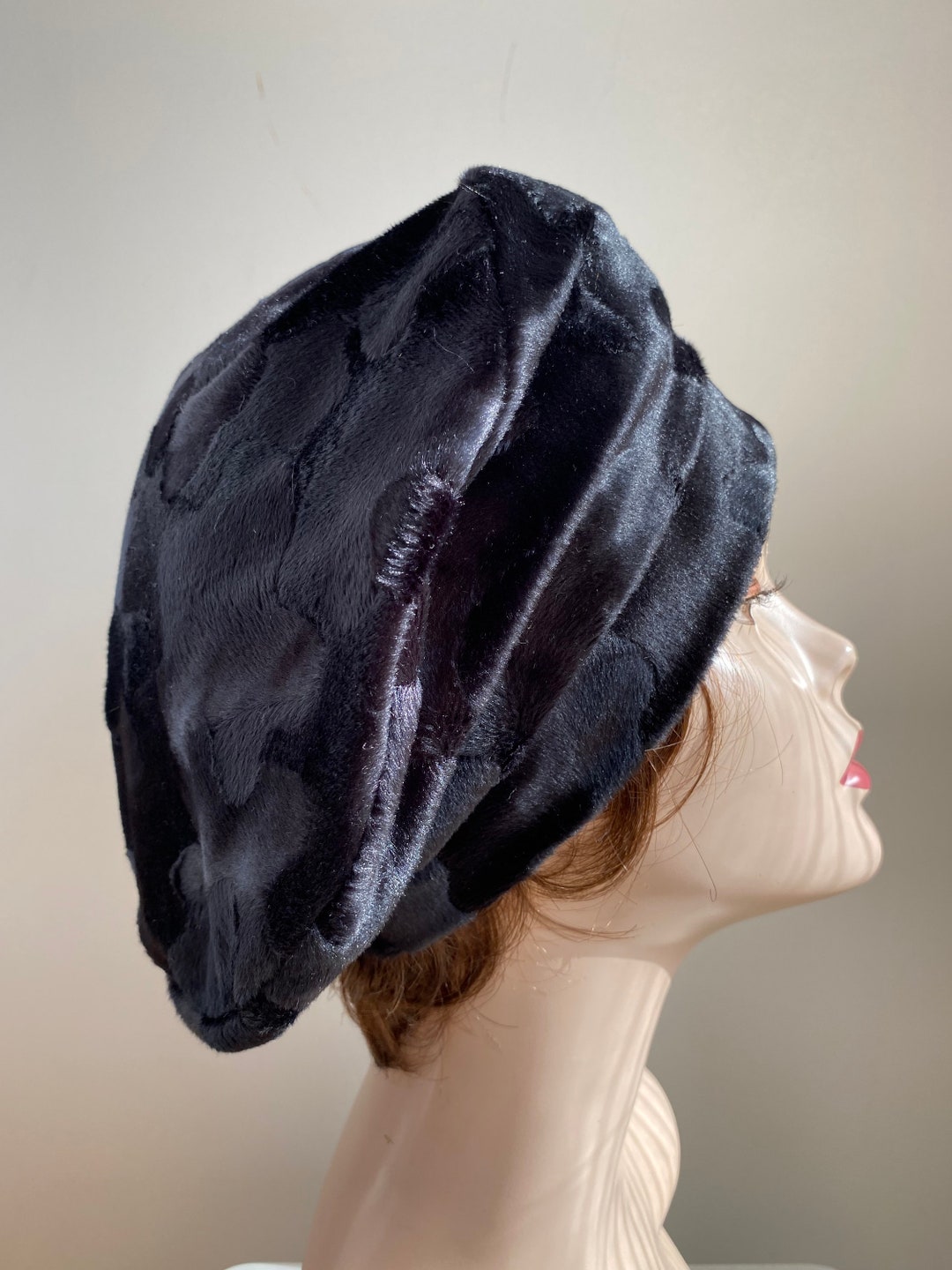 Black Cow Print Velvet Beret -tam French- Warm Winter Hat- Velvet ...