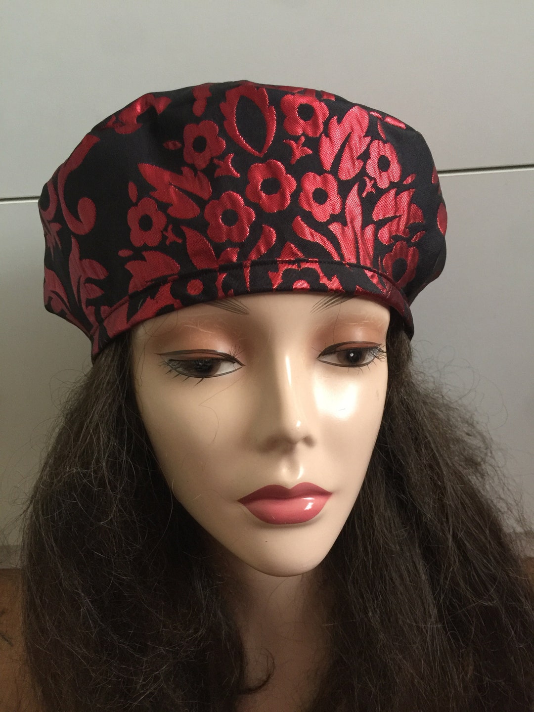 Damask Black and Red Mini Beret- Small Vintage Style -french Style Cap ...