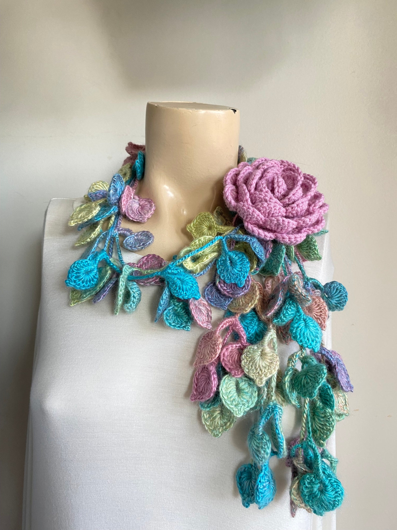 Rose Crochet Scarf-leaves Necklace Scarf-multicolor Lariat-shades of ...