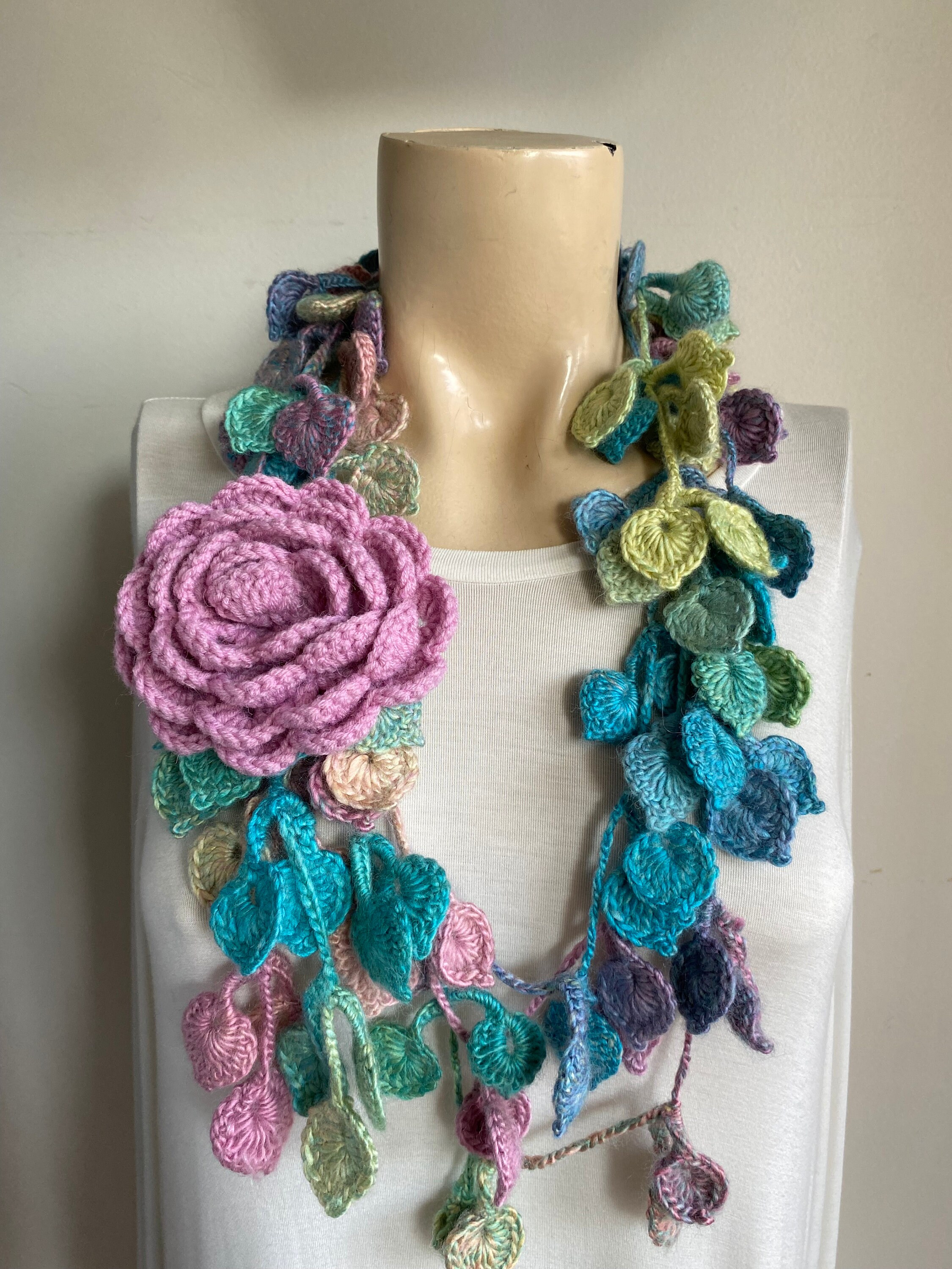 Rose Crochet Scarf-leaves Necklace Scarf-multicolor Lariat-shades of ...