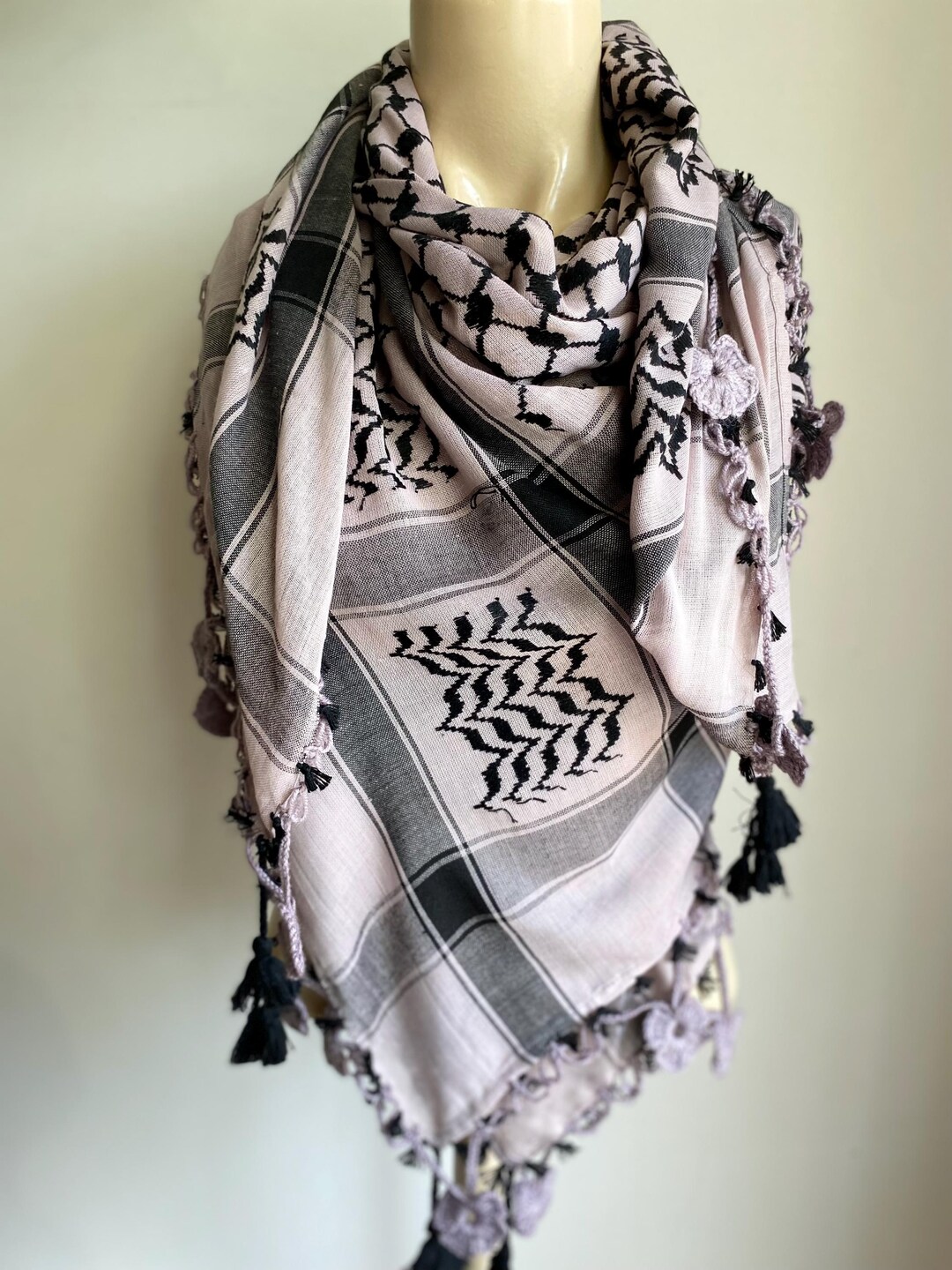Lilac and Black Keffiyeh Scarf- Square Scarf With Hand Crochet Lace ...