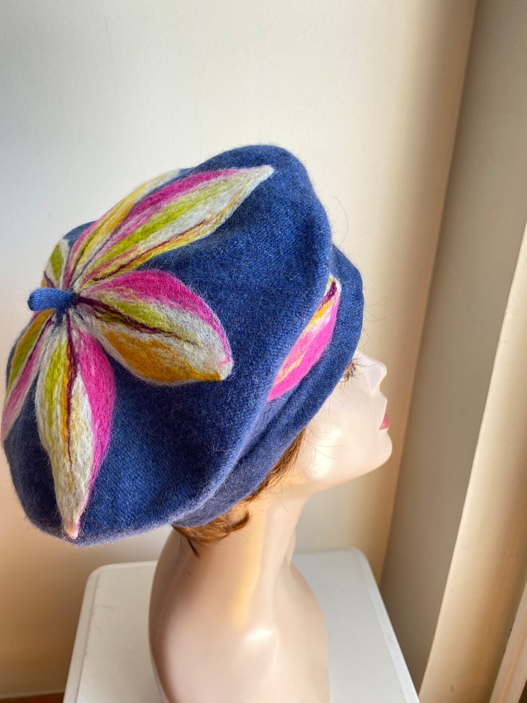 Blue Felt Beret -pink and White Flower Wool Cap- Antenna- Winter Hat ...