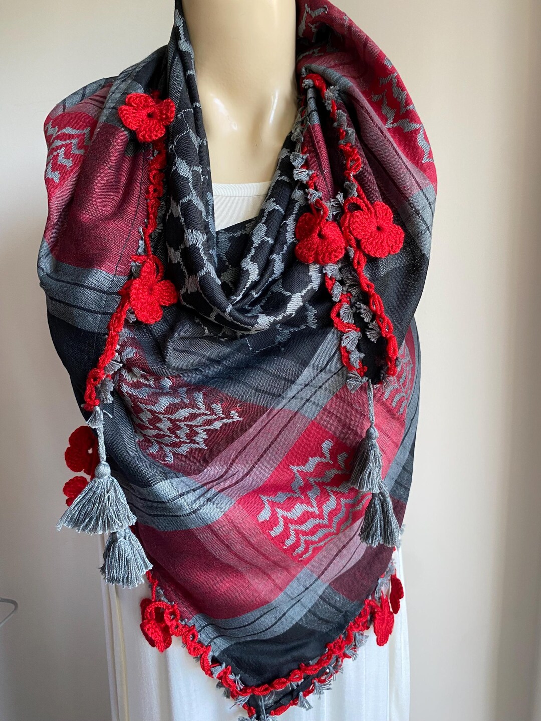 Black Red Grey Keffiyeh Scarf-square Scarf With Hand Crochet Lace ...