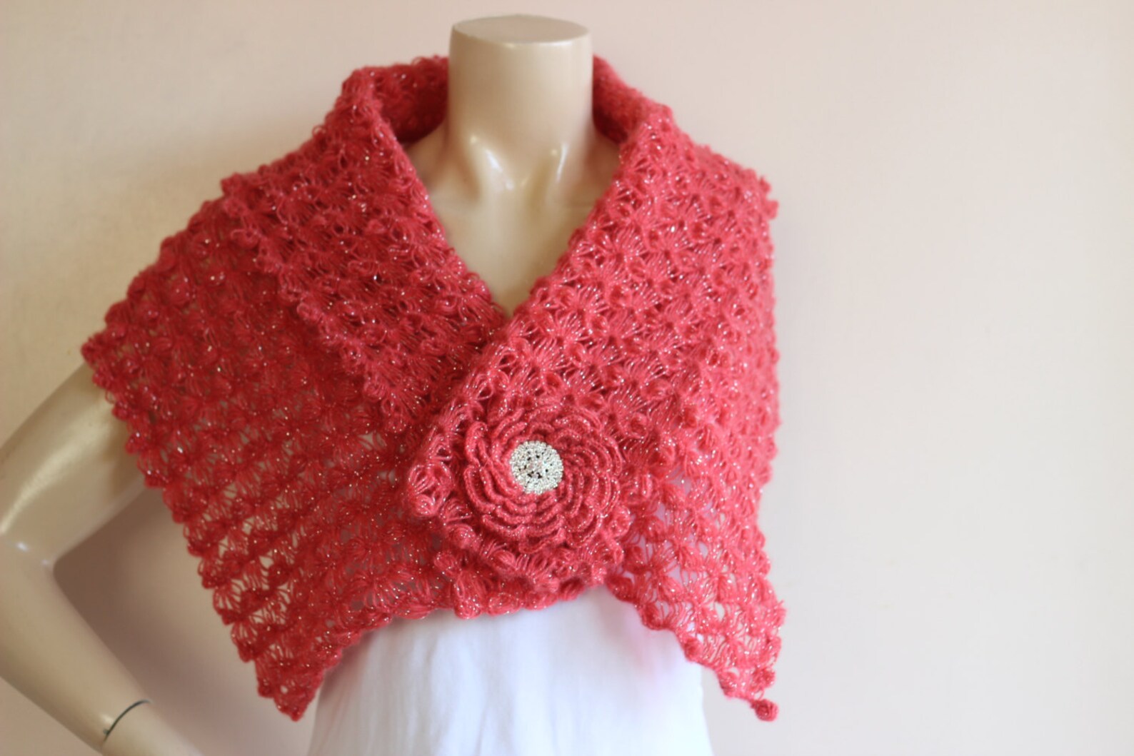 Coral Bridal Cape /red Wedding Wrap Shrug Bolero/hand Crochet | Etsy