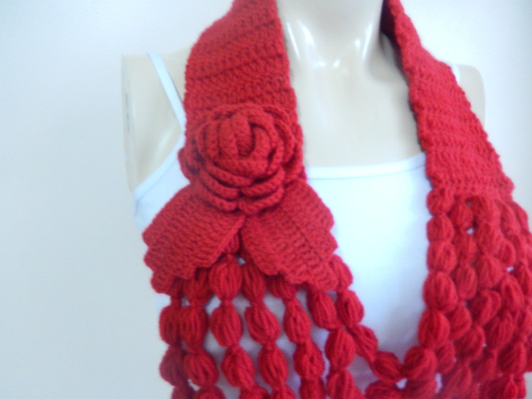 Red Crochet Necklace Flower Necklace Scarf Jewelry Scarf-handmade Loop ...