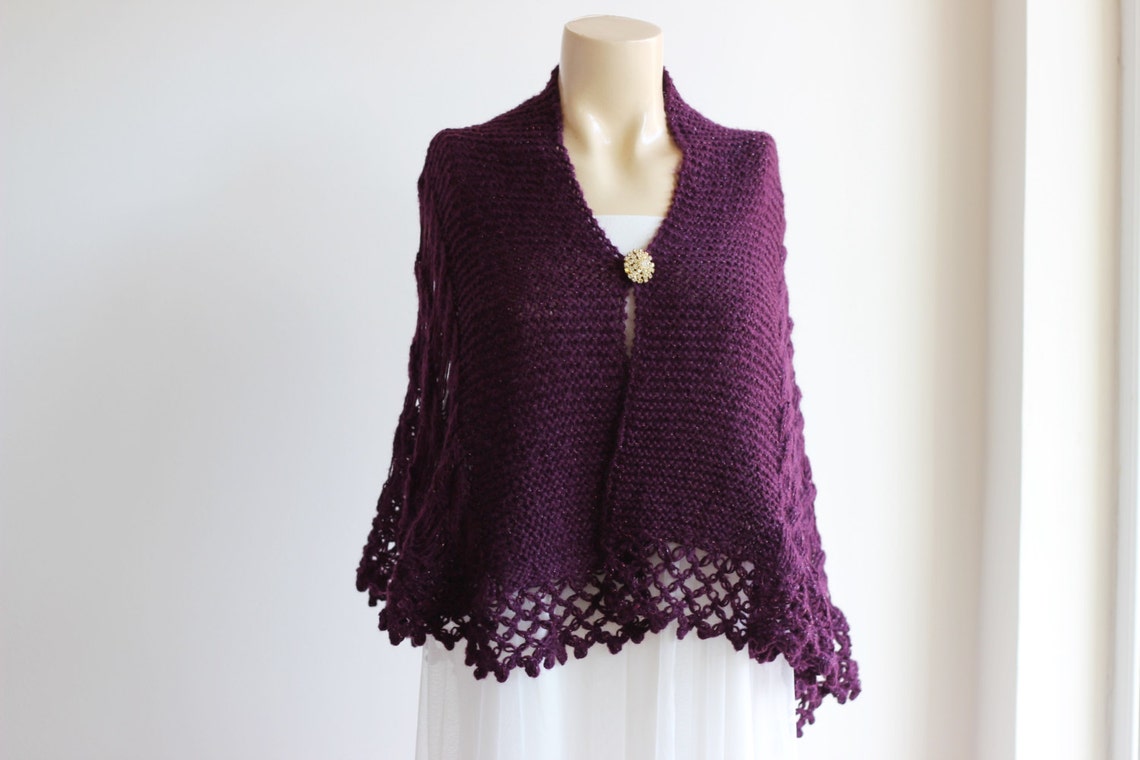 Dark Plum Shawl / Wedding Wrap Shrug Bolero/Hand Knit Glitter | Etsy