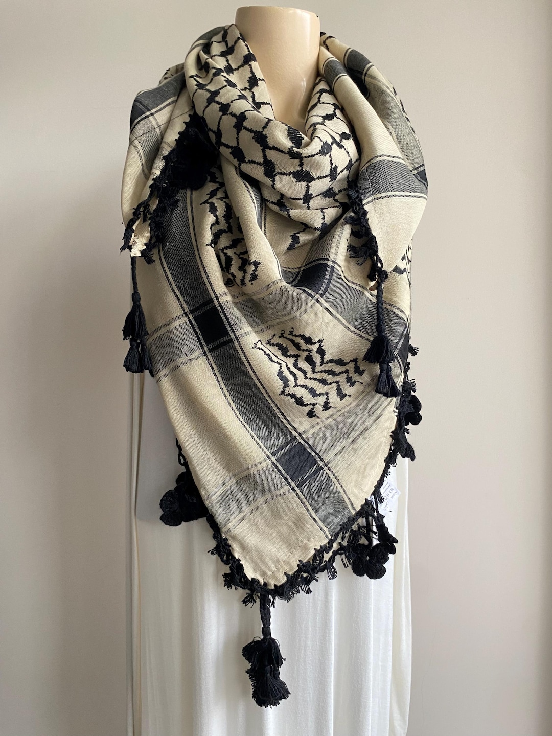 Keffiyeh Scarf - Green and Black Square Scarf With Hand Crochet Lace ...