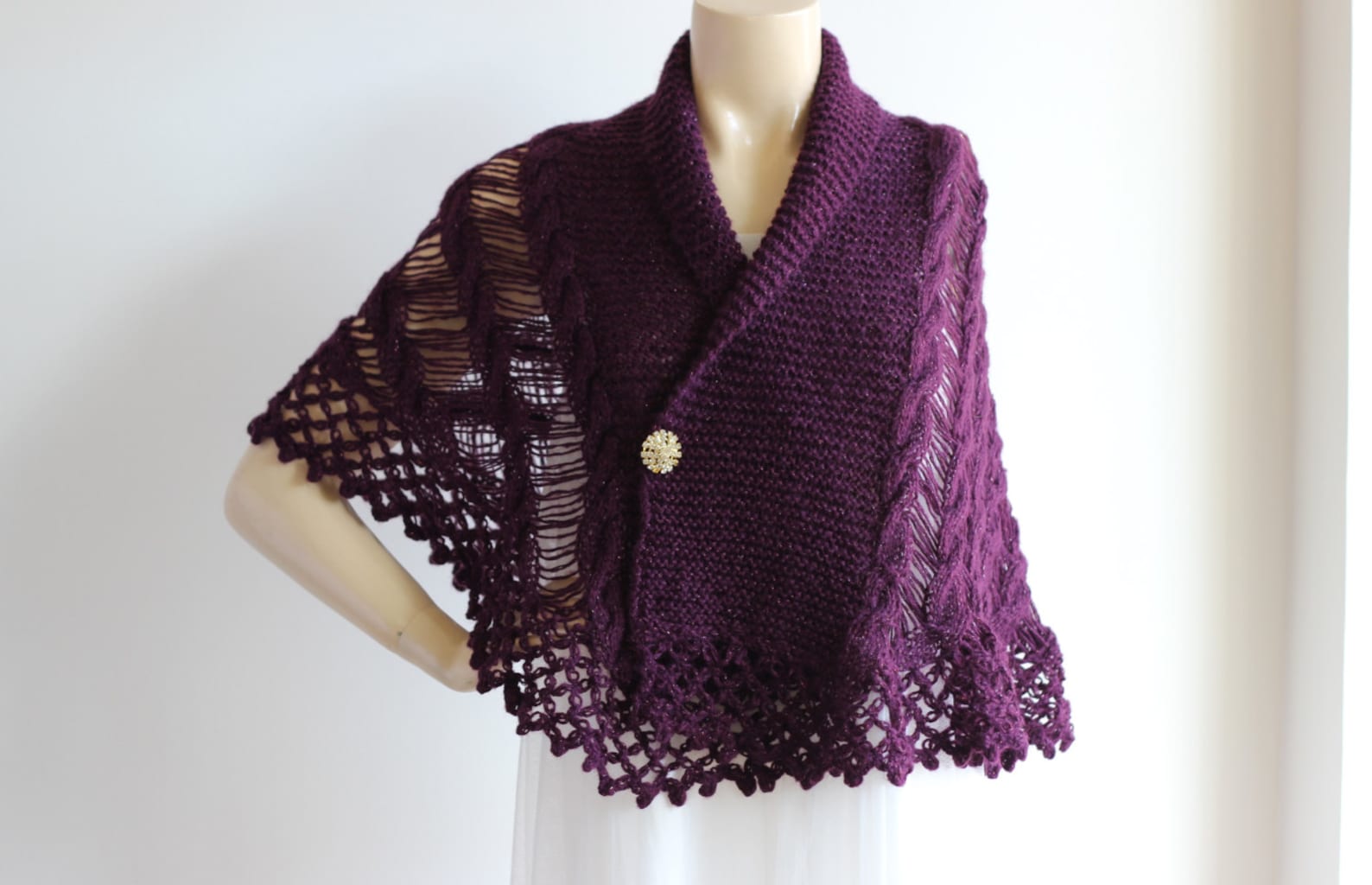 Dark Plum Shawl / Wedding Wrap Shrug Bolero/Hand Knit Glitter | Etsy