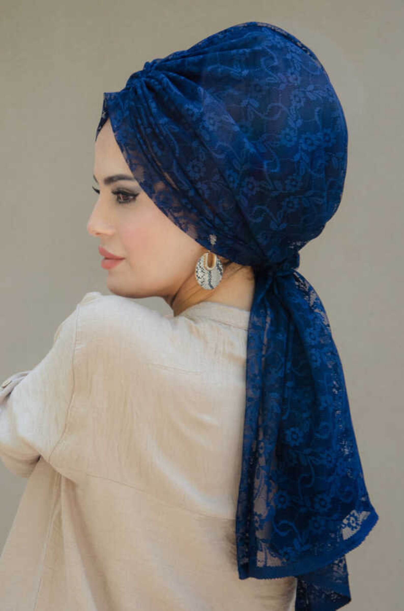 Navy Pre-tied Lace Turban With Ponytail Hijab Turban Instant - Etsy