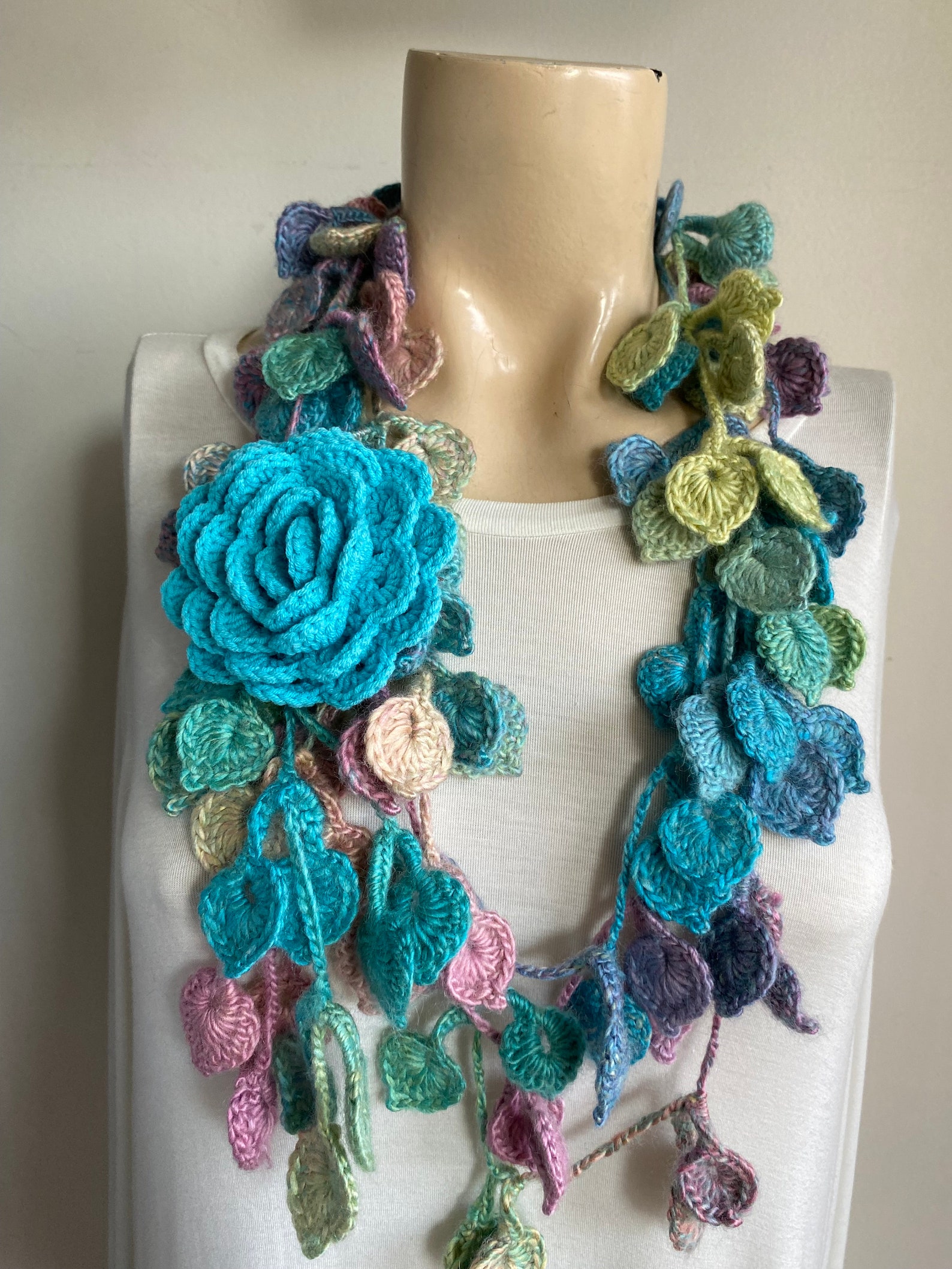 Rose Crochet Scarf-leaves Necklace Scarf-multicolor Lariat-shades of ...