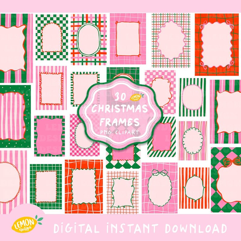 30 Christmas Frames PNG Clipart Bundle, Retro Holiday Frame Borders ...