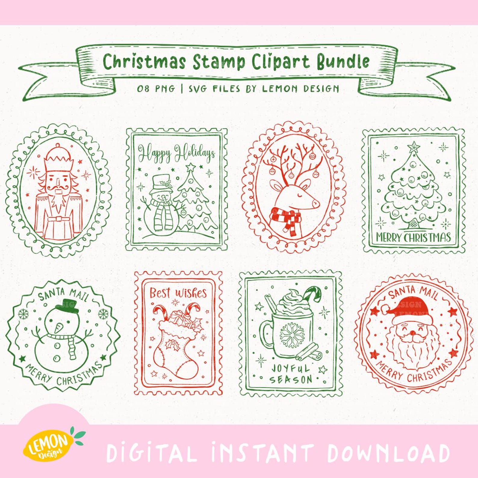 Christmas Stamp Clipart Bundle: Holiday Doodle SVG PNG (digital ...