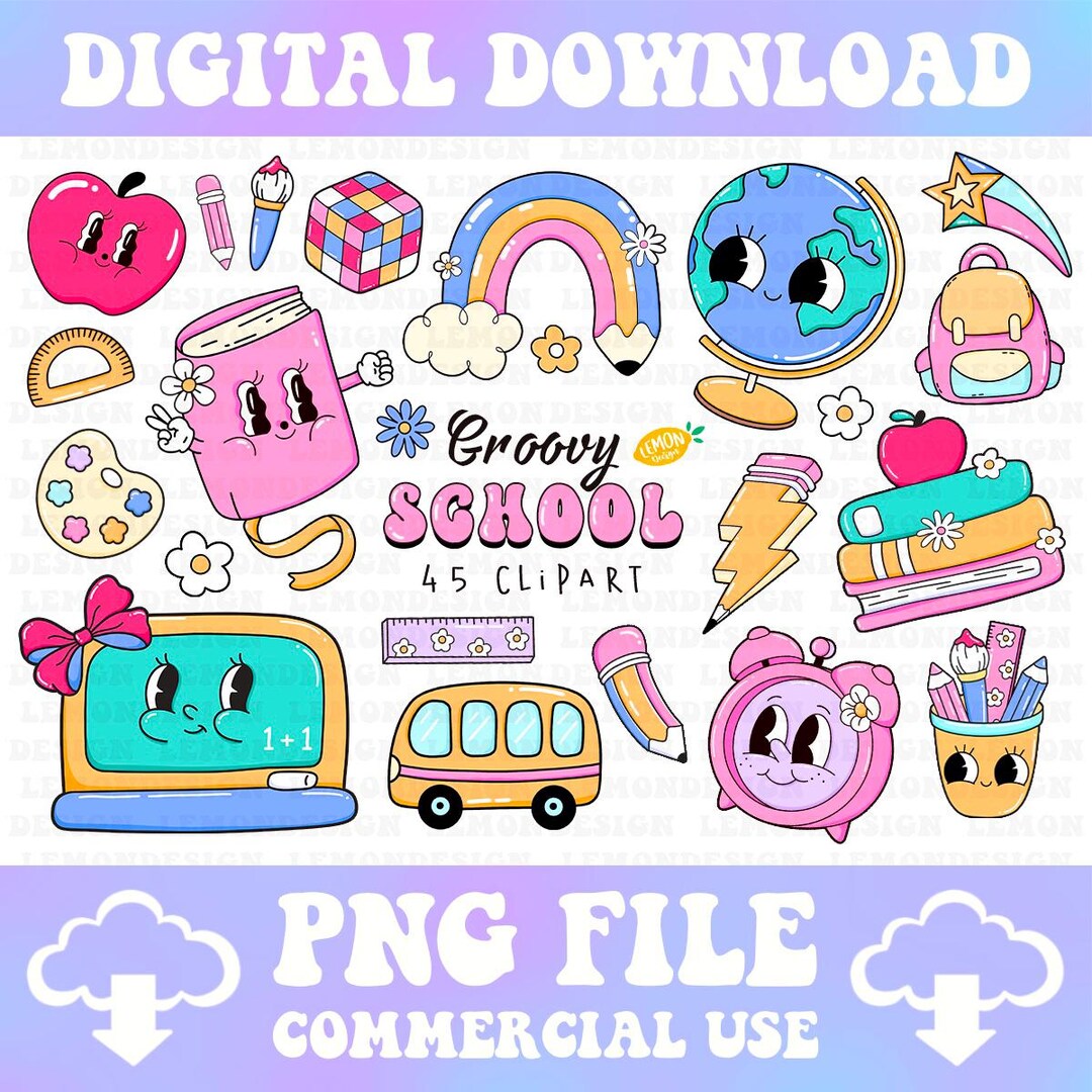 Retro School Clipart Bundle: Groovy Daisy, Books, Pencil (PNG Files ...
