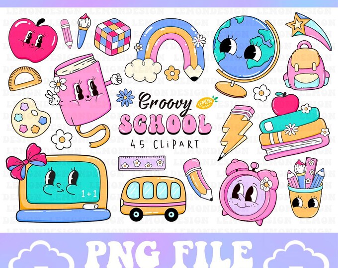 Retro School Characters Cartoon Bundle PNG, Groovy Back to School ...