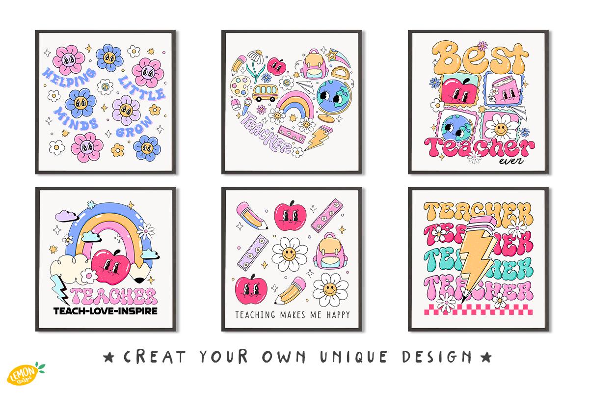 Retro School Clipart Bundle: Groovy Daisy, Books, Pencil (PNG Files ...
