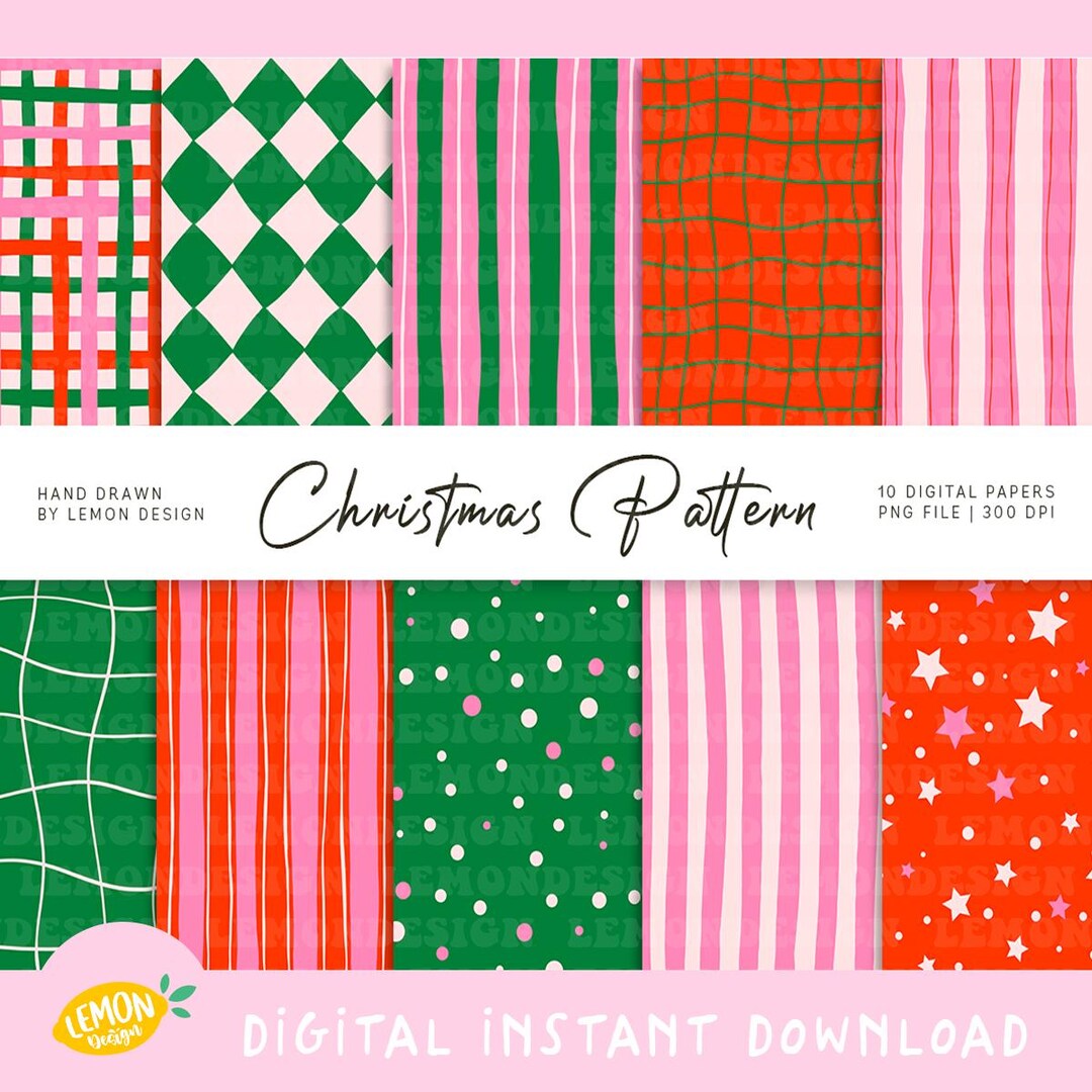 Christmas Pattern PNG Clipart Bundle, Retro Holiday Frame Borders, Pink ...