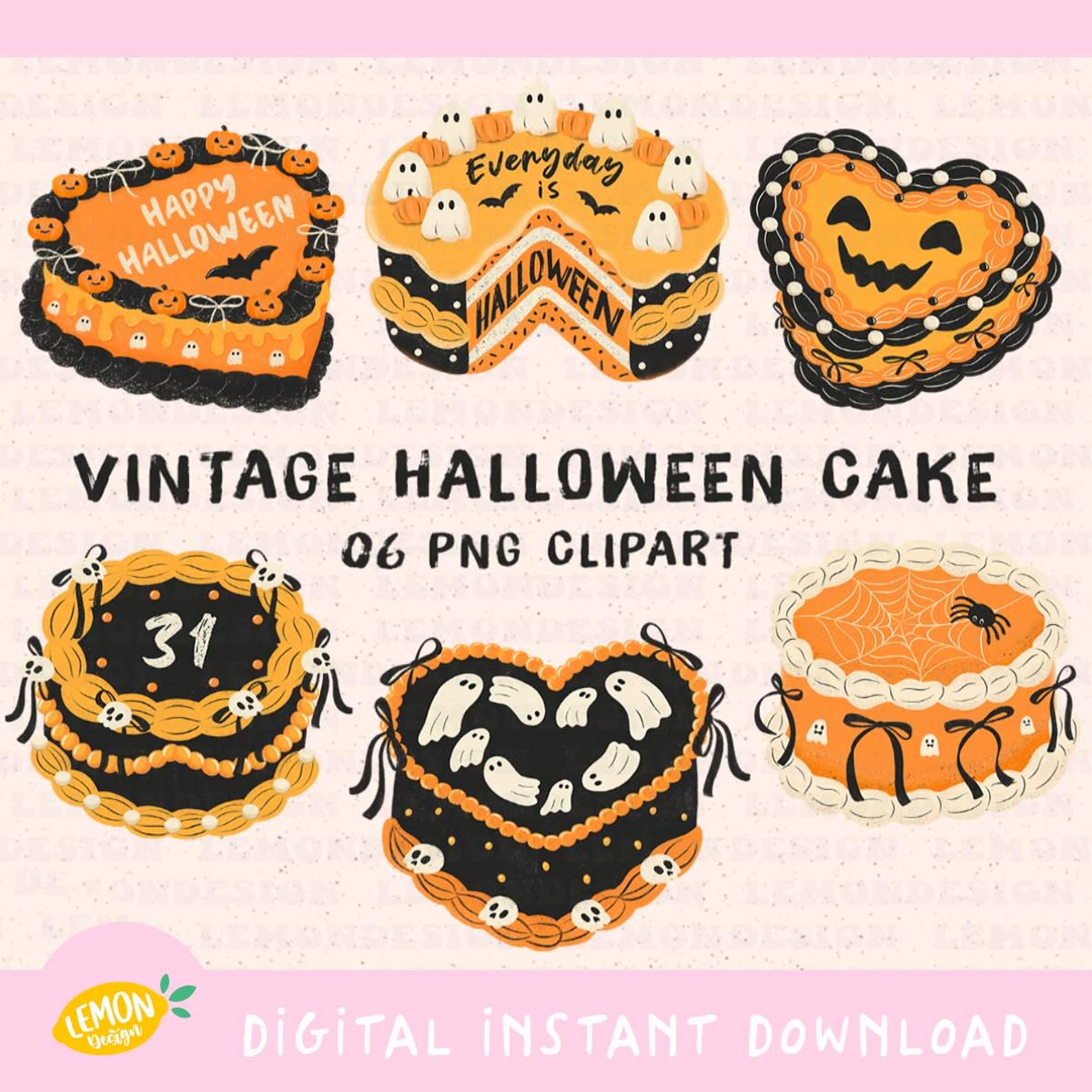 Halloween Cake Clipart: Spooky Ghost, Pumpkin, Bat Designs (PNG Digital ...