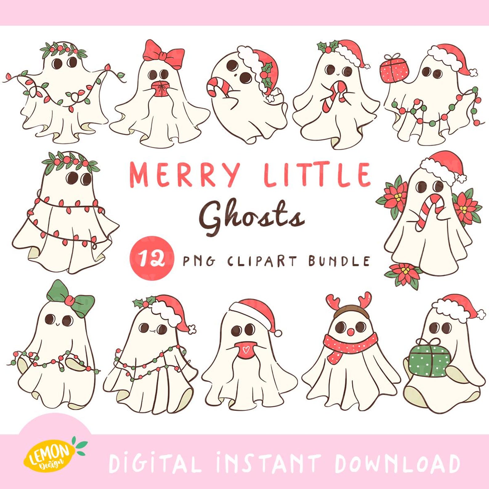 Christmas Ghost Clipart Bundle, Merry Little Ghosts PNG Set, Cute ...