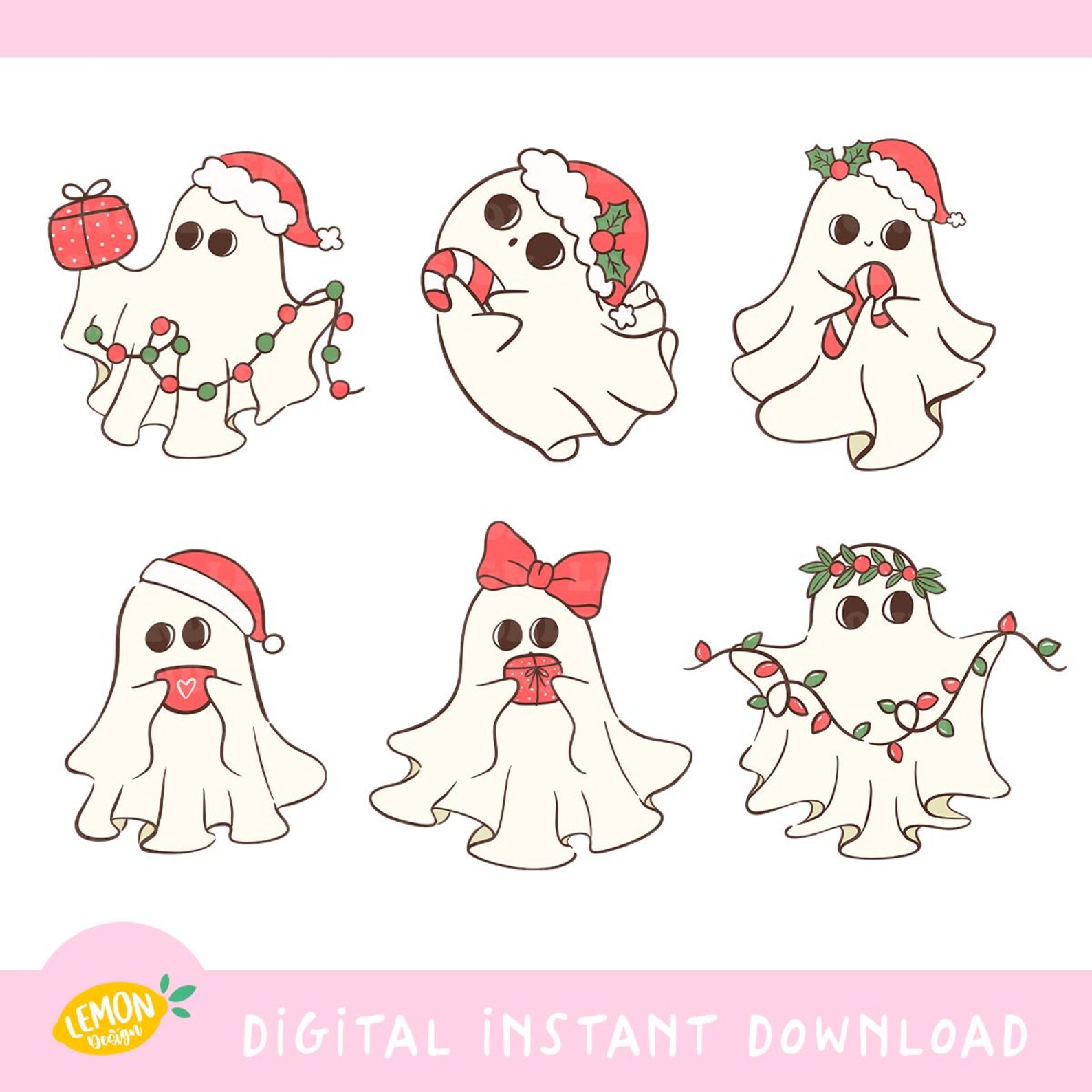 Christmas Ghost Clipart Bundle, Merry Little Ghosts PNG Set, Cute ...