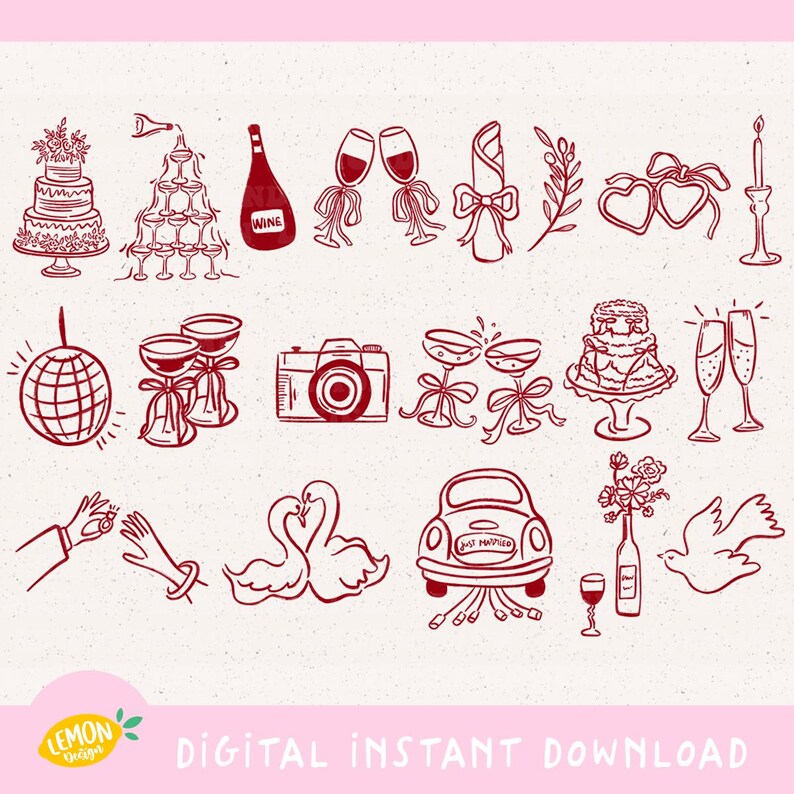 Hand Drawn Wedding Clipart Bundle: Bridal Shower PNG Graphics (digital ...