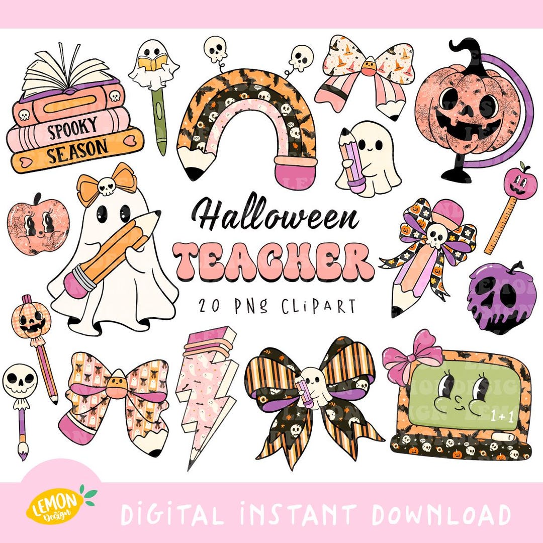 Retro Halloween Teacher Clipart Bundle: Spooky School Ghost, Pumpkin ...