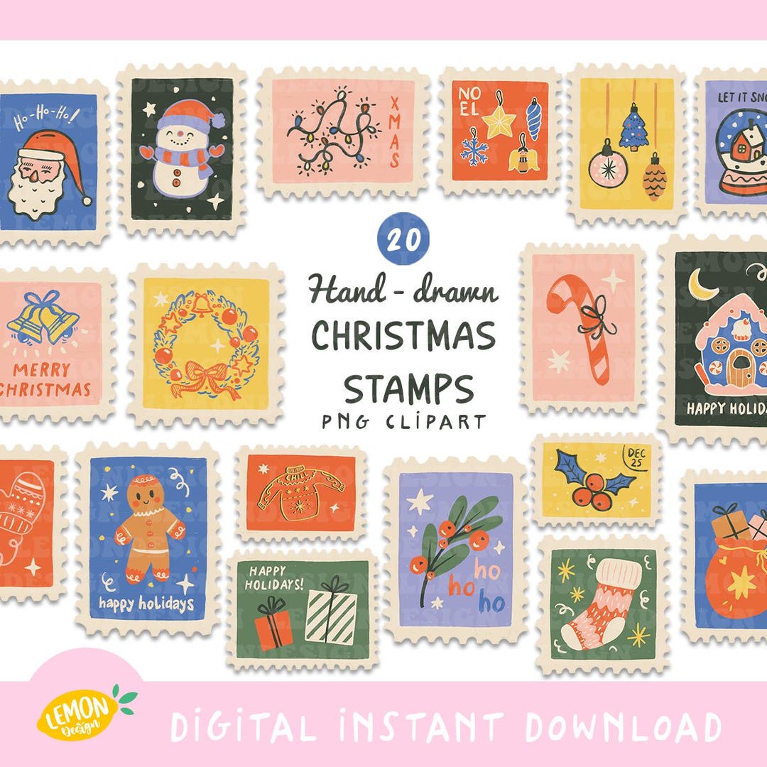 Hand Drawn Christmas Stamps Clipart | Holiday PNG Bundle | Retro Xmas ...