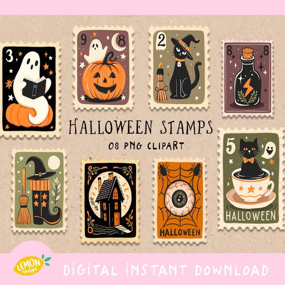 Vintage Halloween Stamp PNG Clipart Bundle | Retro Spooky Rubber Stamp ...
