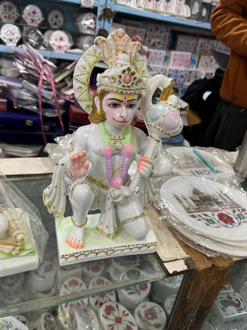 1 Feet White Marble Hanuman Idol, Hand Paint Idol, Bajrang Bali Statue ...