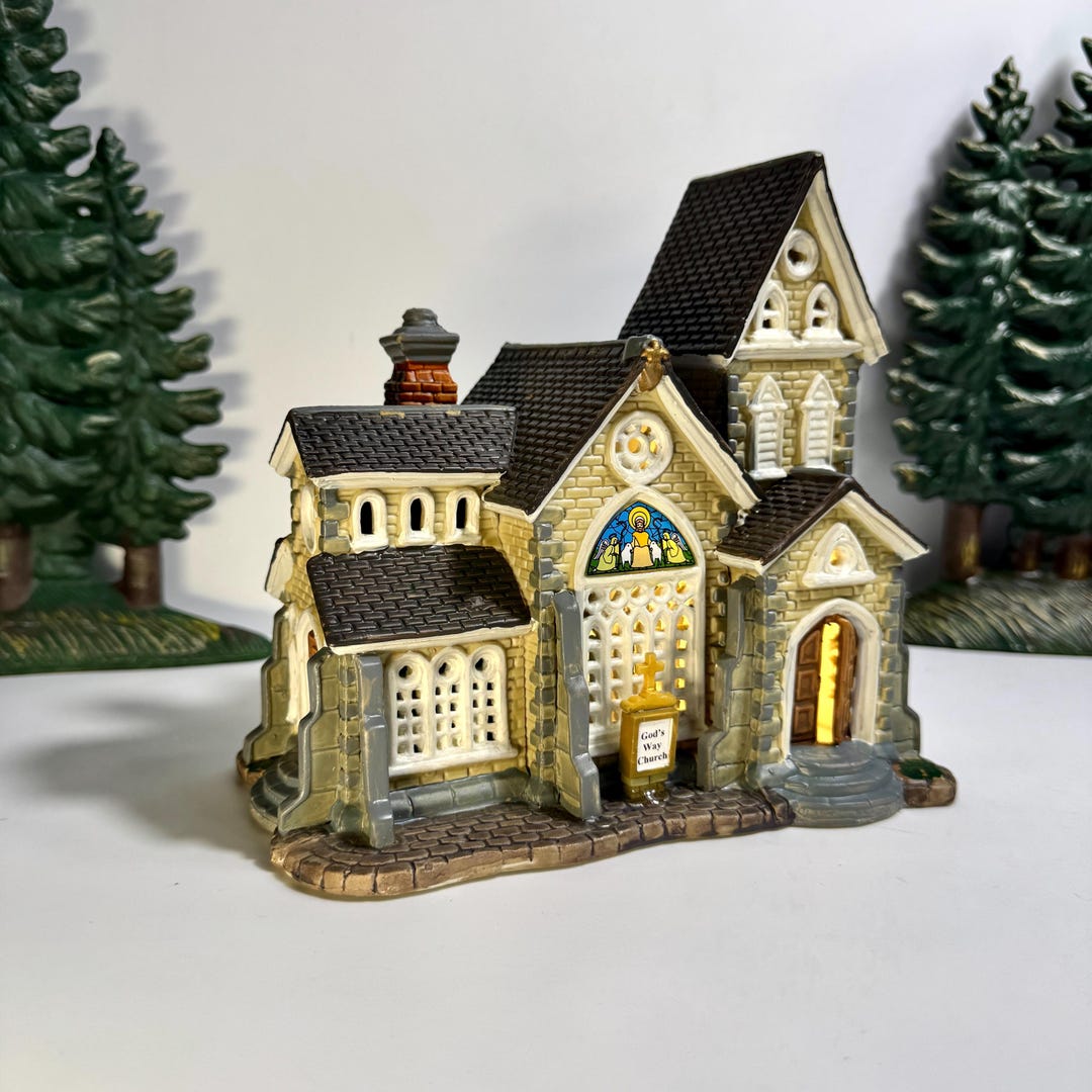 Gods Way Church Christmas Village Building • Ceramic Lighted Snow ...