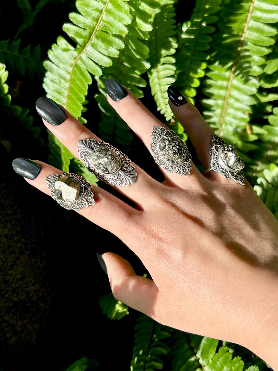Gift for Her Gothic Ring, Natural Pyrite Sterling Silver Ring, Gemstone ...