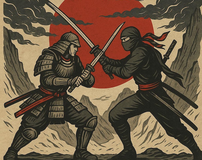 Samurai Vs Ninja Digital Wall Art - Japanese Duel Red Sun Poster ...