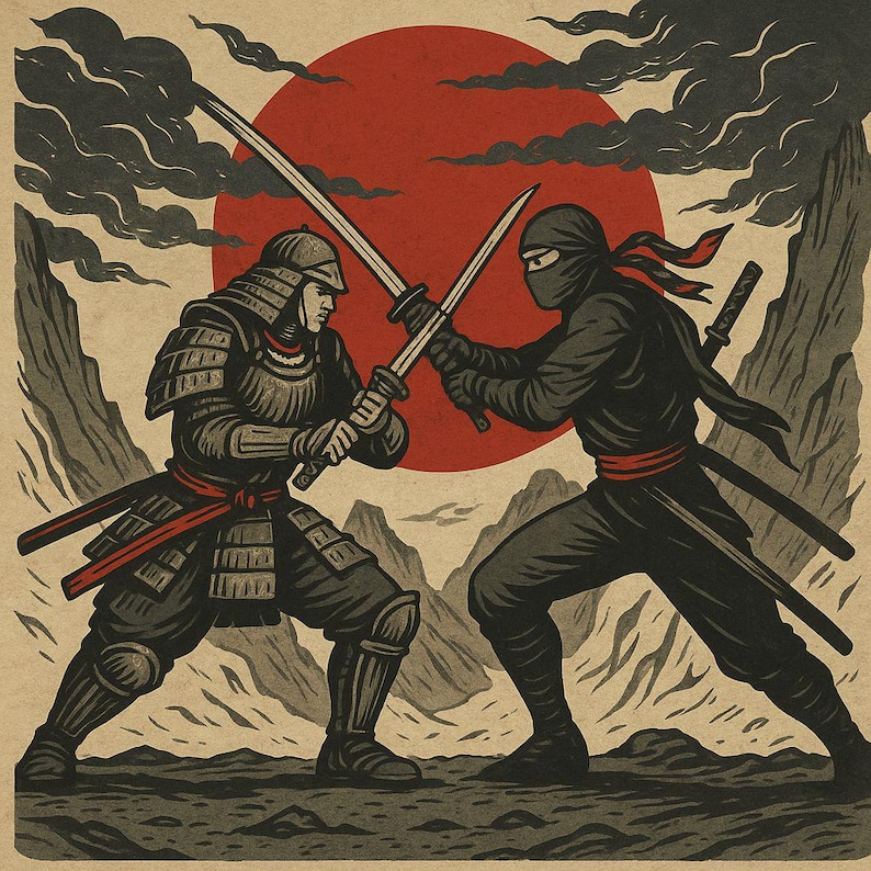 Samurai Vs Ninja Digital Wall Art - Japanese Duel Red Sun Poster ...