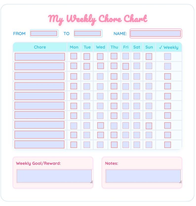 Editable Weekly Chore Chart PDF – Kids & Family Organizer, Fillable ...