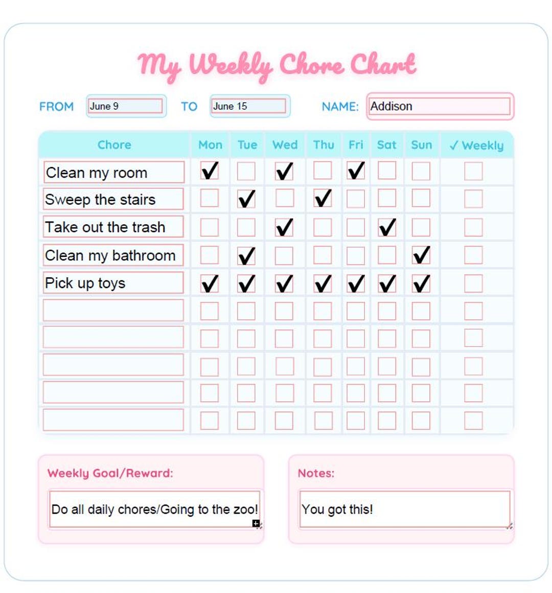 Editable Weekly Chore Chart PDF – Kids & Family Organizer, Fillable ...