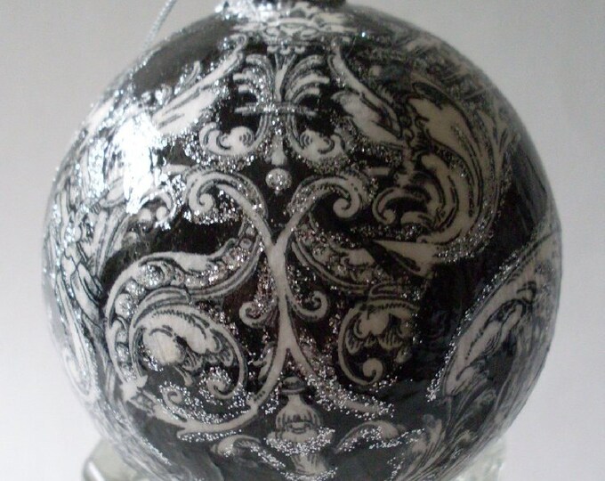 Black & White Damask Decoupage Handpainted Ornament Wedding Christmas ...