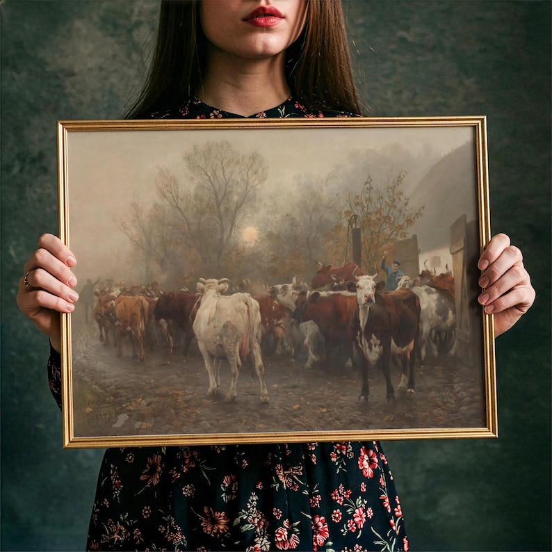 Vintage Cattle Painting | Antique Farm Livestock Artwork | Moody Cow ...